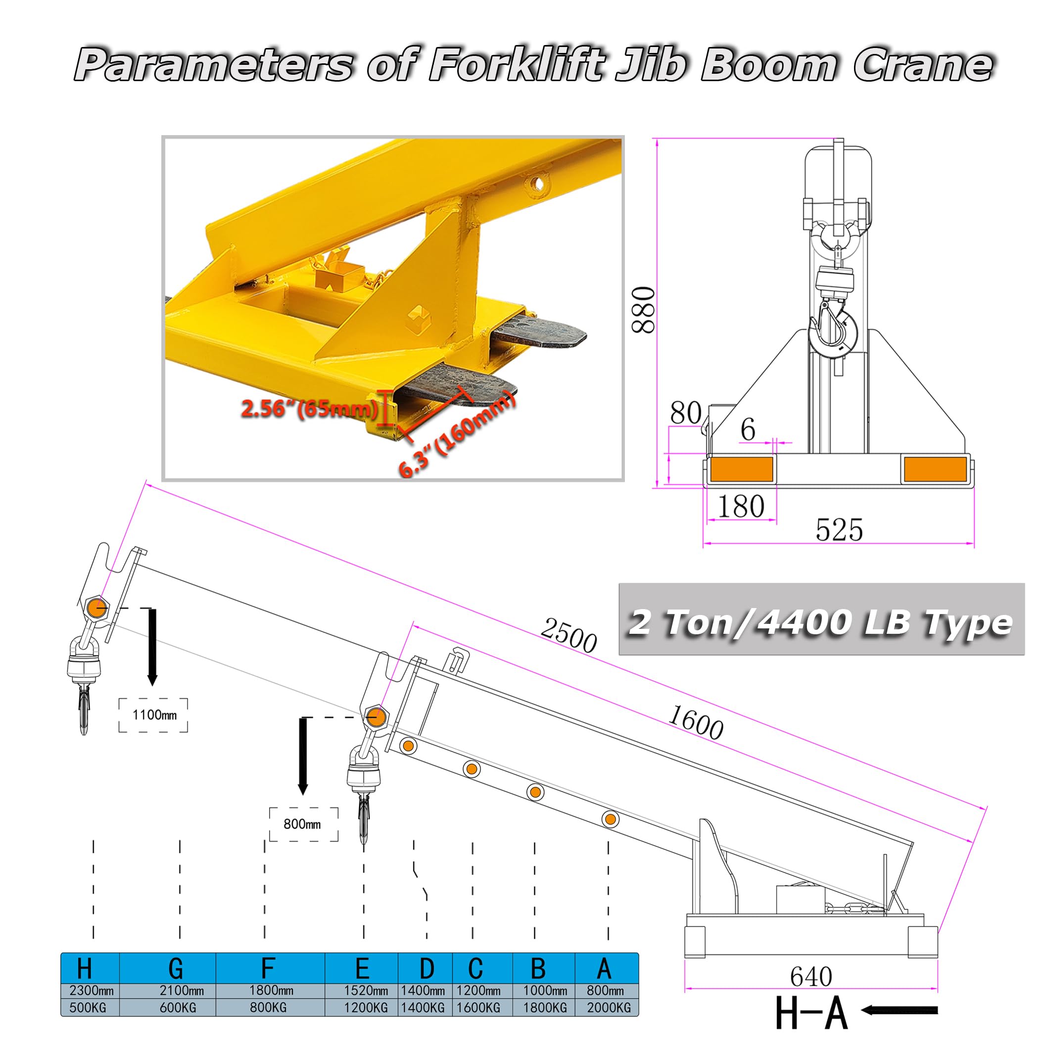 INTSUPERMAI Forklift Mobile Crane Adjustable Forklift Crane Attachment with Truss Hoist Jib Boom Hook for Extension Attachment Equipment 2 Ton / 4400 LB