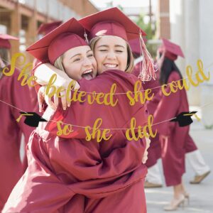 Gold Glitter She Believed She Could So She Did Banner She Did It Graduation Decorations 2024 Graduation Banner for Girls Gold College Graduation Party Decorations 2024