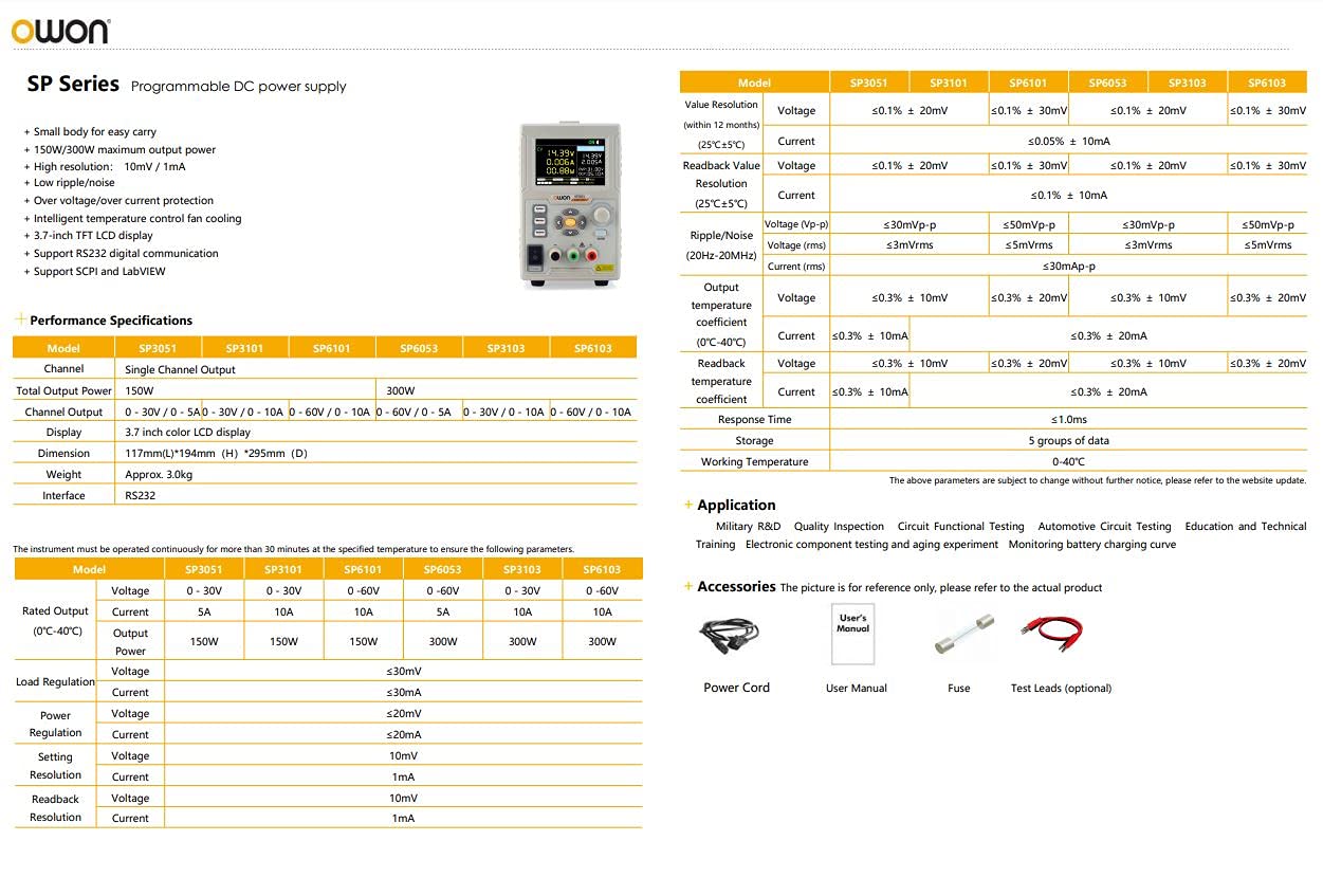 DC Power Supply OWON SP6101 1 Channel MAX 150W Output Power Supply 60V 10A