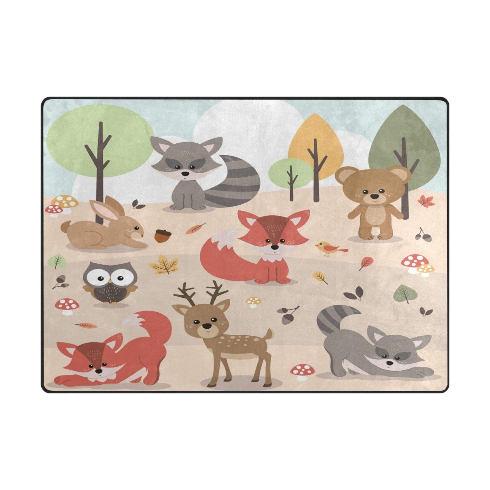 ALALAL Cartoon Forest Animals Area Rug, Cute Woodland Deer Rabbit Bear Fox Owl Bird Rugs for Nursery Children Kids Girls Room Playroom Living Room Home Decorative, ​5'x7' (80 X 58 in) Pink