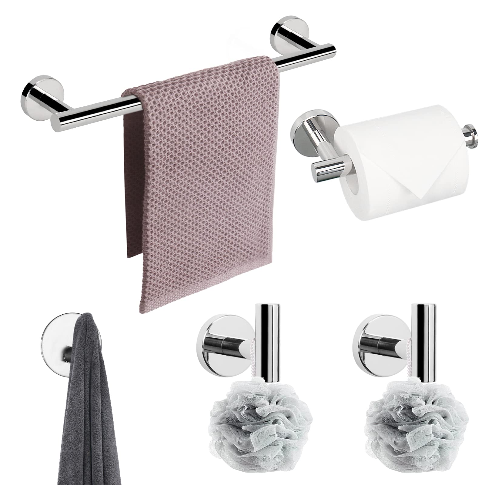 NearMoon 5 Pcs Bathroom Hardware Set SUS 304 Thicken Stainless Steel-Towel Bar Set Include 16" Towel Rod+Toilet Paper Holder+3 Multifunctional Hooks Bathroom Accessories (Chrome Finish)