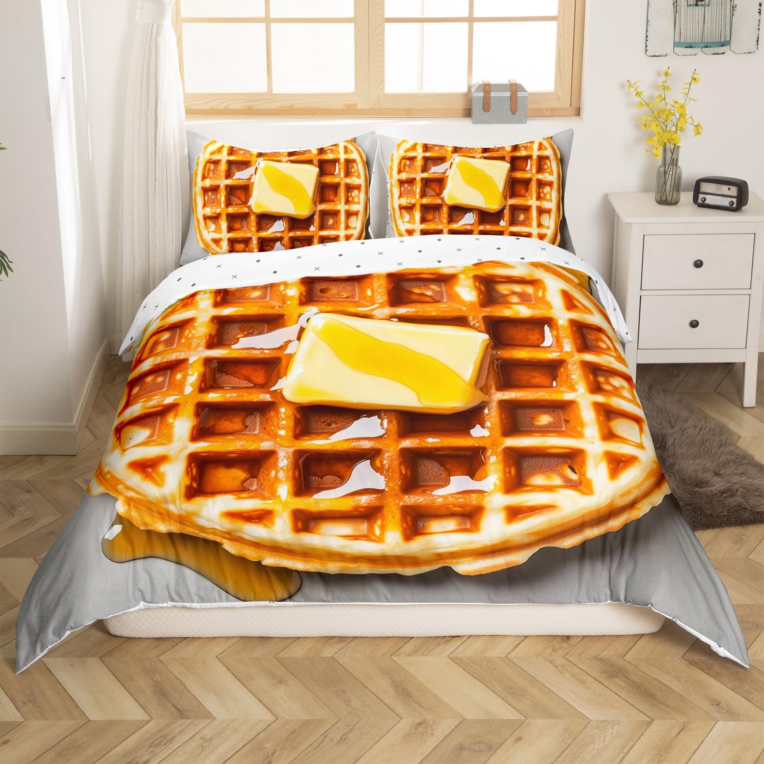 Erosebridal Waffles Comforter Cover Food Theme Bedding Set for Boys Girls Teens,Cream Dessert Duvet Cover Novelty Funny Biscuit Quilt Cover with Zipper Soft Cozy Bedroom Decor Queen Size