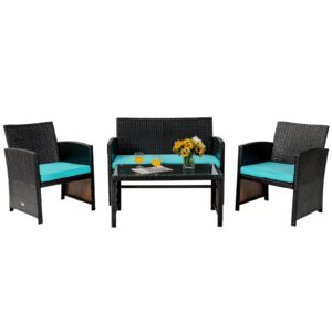 tangkula 4 pieces rattan furniture set, outdoor conversation set w/chair & loveseat & tempered glass coffee table, suitable for garden, backyard, poolside, patio furniture set for 4 (1, turquoise)