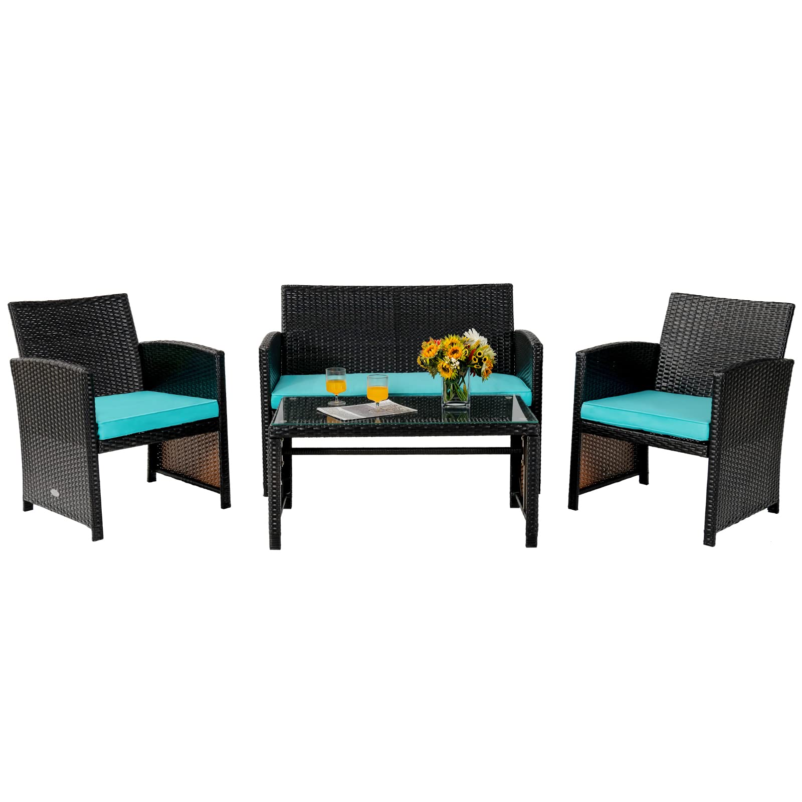 Tangkula 4 Pieces Rattan Furniture Set, Outdoor Conversation Set w/Chair & Loveseat & Tempered Glass Coffee Table, Suitable for Garden, Backyard, Poolside, Patio Furniture Set for 4 (1, Turquoise)