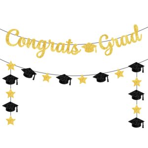 katchon, glitter gold and black congrats grad banner - 10 feet | gold and black graduation banner, cap garland for graduation decorations class of 2024 | gold and black graduation decorations 2024