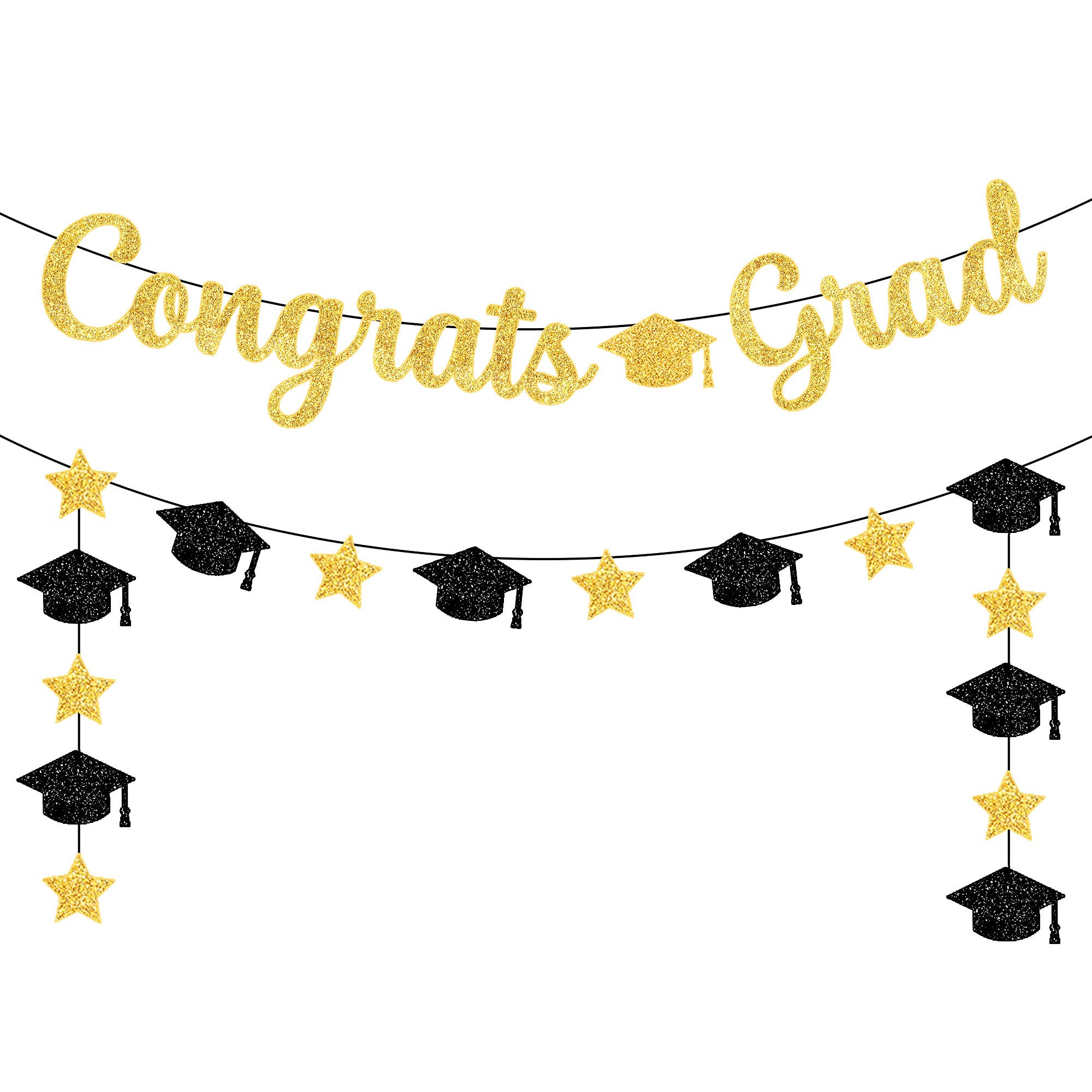 KatchOn, Glitter Gold and Black Congrats Grad Banner - 10 Feet | Gold and Black Graduation Banner, Cap Garland for Graduation Decorations Class of 2024 | Gold and Black Graduation Decorations 2024