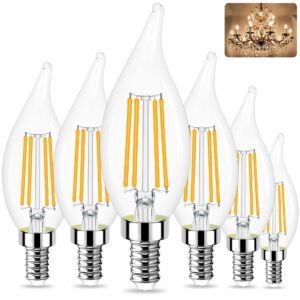 sailstar e12 led candelabra bulbs dimmable, 60 watt equivalent 3000k warm white chandelier light bulbs, 4w filament candle led bulbs, flame tip, 500 lumen, pack of 6