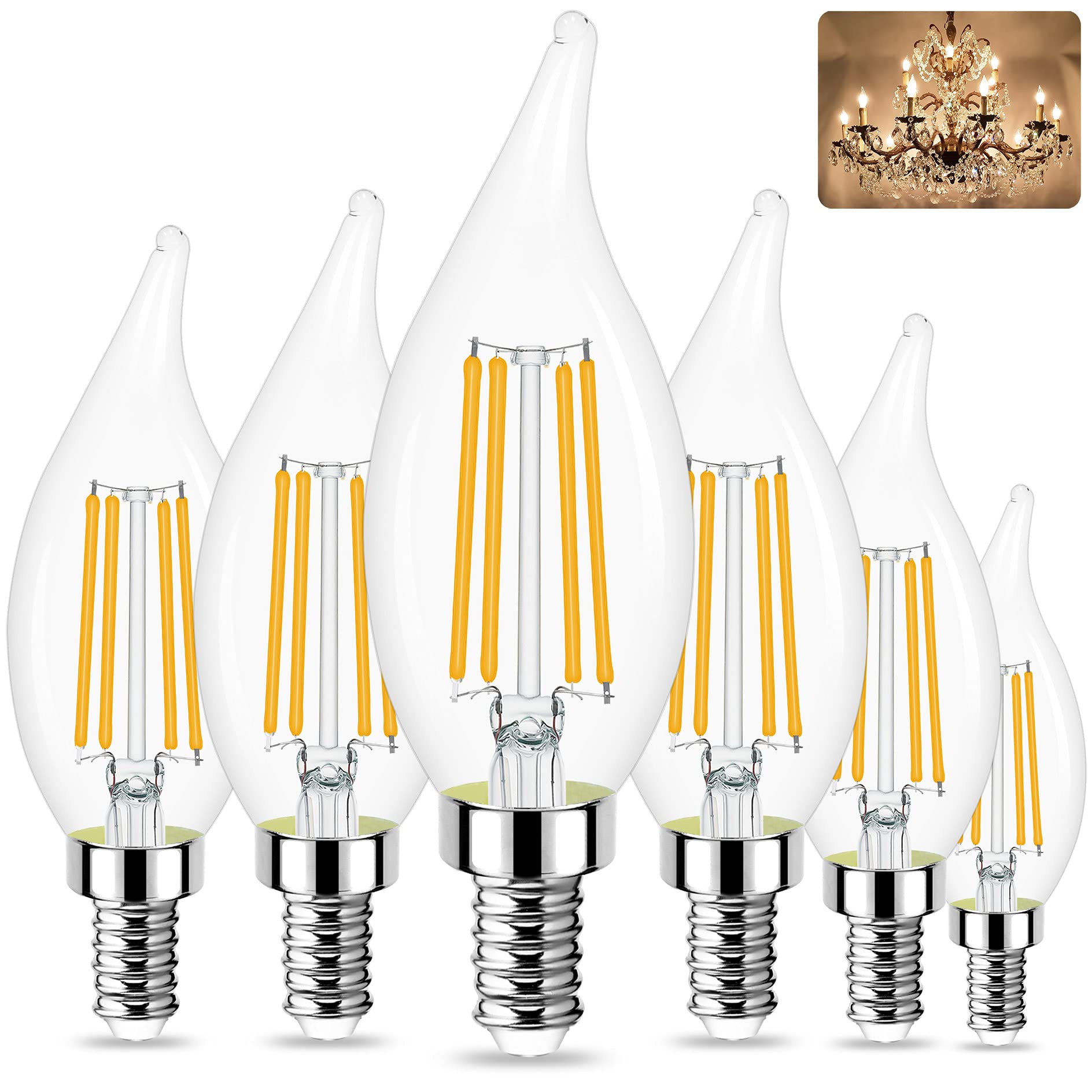 Sailstar E12 LED Candelabra Bulbs Dimmable, 60 Watt Equivalent 3000K Warm White Chandelier Light Bulbs, 4W Filament Candle LED Bulbs, Flame Tip, 500 Lumen, Pack of 6