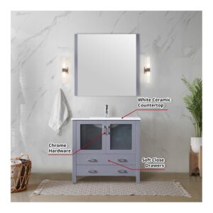 Lexora Volez 36 in W x 18.25 in D Dark Grey Bath Vanity, White Ceramic Top, Faucet Set and 34 in Mirror