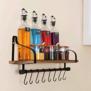 fengshuisale Storage Shelf with 8 Removable Hooks Floating Wall Shelf Rustic Wood Storage Rack for Bedroom Bathroom W4407