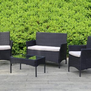 Tyyps 4 Pieces Patio Furniture Set, Garden Conversation Bistro Set with Cushion and Glass Coffee Table, Rattan Wicker Chair Outdoor Wicker Conversation Set for Garden Balcony Porch Poolside Black