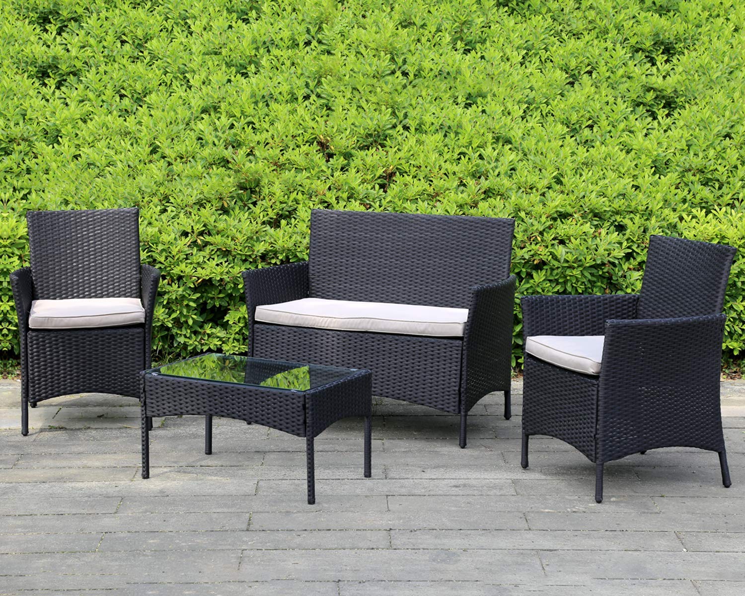 Tyyps 4 Pieces Patio Furniture Set, Garden Conversation Bistro Set with Cushion and Glass Coffee Table, Rattan Wicker Chair Outdoor Wicker Conversation Set for Garden Balcony Porch Poolside Black