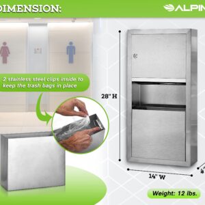 Alpine Commercial Paper Towel Dispenser and Waste Receptacle - Stainless Steel Toilet Paper Dispenser with Rounded Tray for 350 C-Fold or 475 Multifold Paper Towels (2-Gallon Capacity Trash Bin)