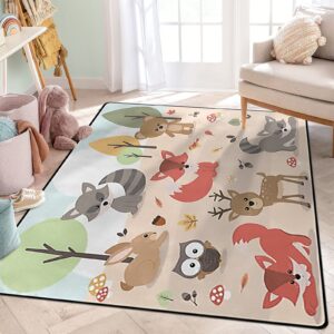 alalal cartoon forest animals area rug, cute woodland deer rabbit bear fox owl bird rugs for nursery children kids girls room playroom living room home decorative, ​5'x7' (80 x 58 in) pink