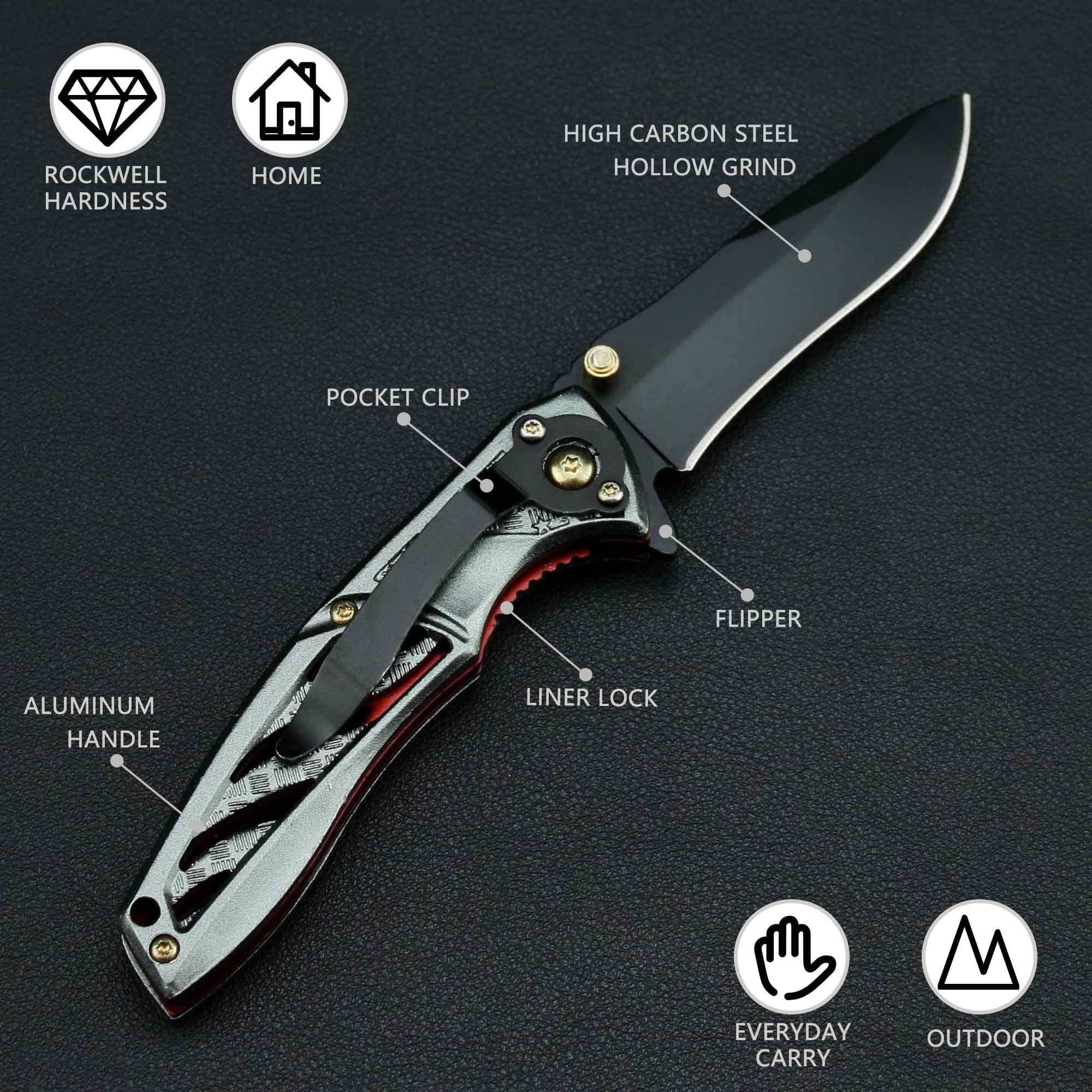 Carimee Pocket Knife 3“, Aluminum Handle, Small Folding Knife with Clip, Gentlemen Knife, Grey Anodized, Black Ti-Coated D2 Blade