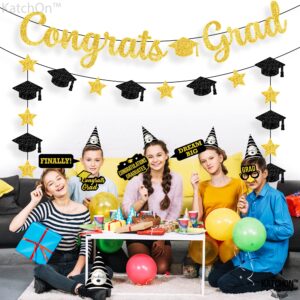 KatchOn, Glitter Gold and Black Congrats Grad Banner - 10 Feet | Gold and Black Graduation Banner, Cap Garland for Graduation Decorations Class of 2024 | Gold and Black Graduation Decorations 2024