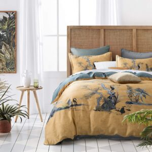 get bed ready chinoiserie chic duvet cover set painted oriental garden print bedding 400tc cotton sateen beautiful botanical nature antique asian drawing (ocher shade, king)