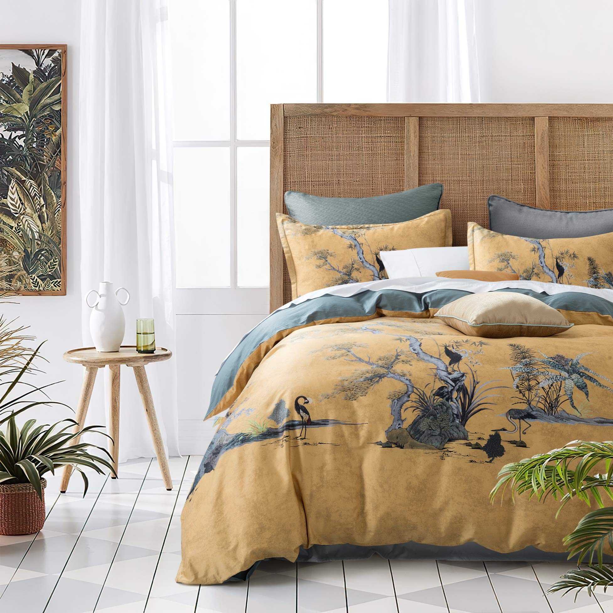 Get Bed Ready Chinoiserie Chic Duvet Cover Set Painted Oriental Garden Print Bedding 400tc Cotton Sateen Beautiful Botanical Nature Antique Asian Drawing (Ocher Shade, King)