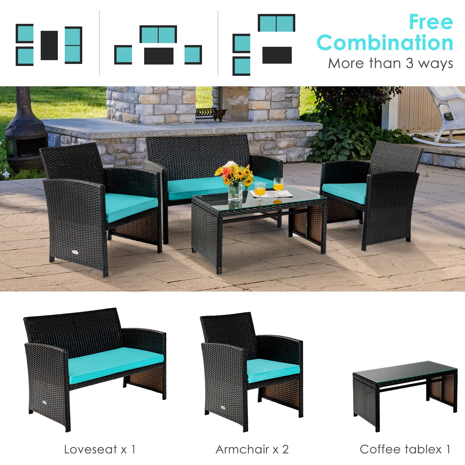 Tangkula 4 Pieces Rattan Furniture Set, Outdoor Conversation Set w/Chair & Loveseat & Tempered Glass Coffee Table, Suitable for Garden, Backyard, Poolside, Patio Furniture Set for 4 (1, Turquoise)