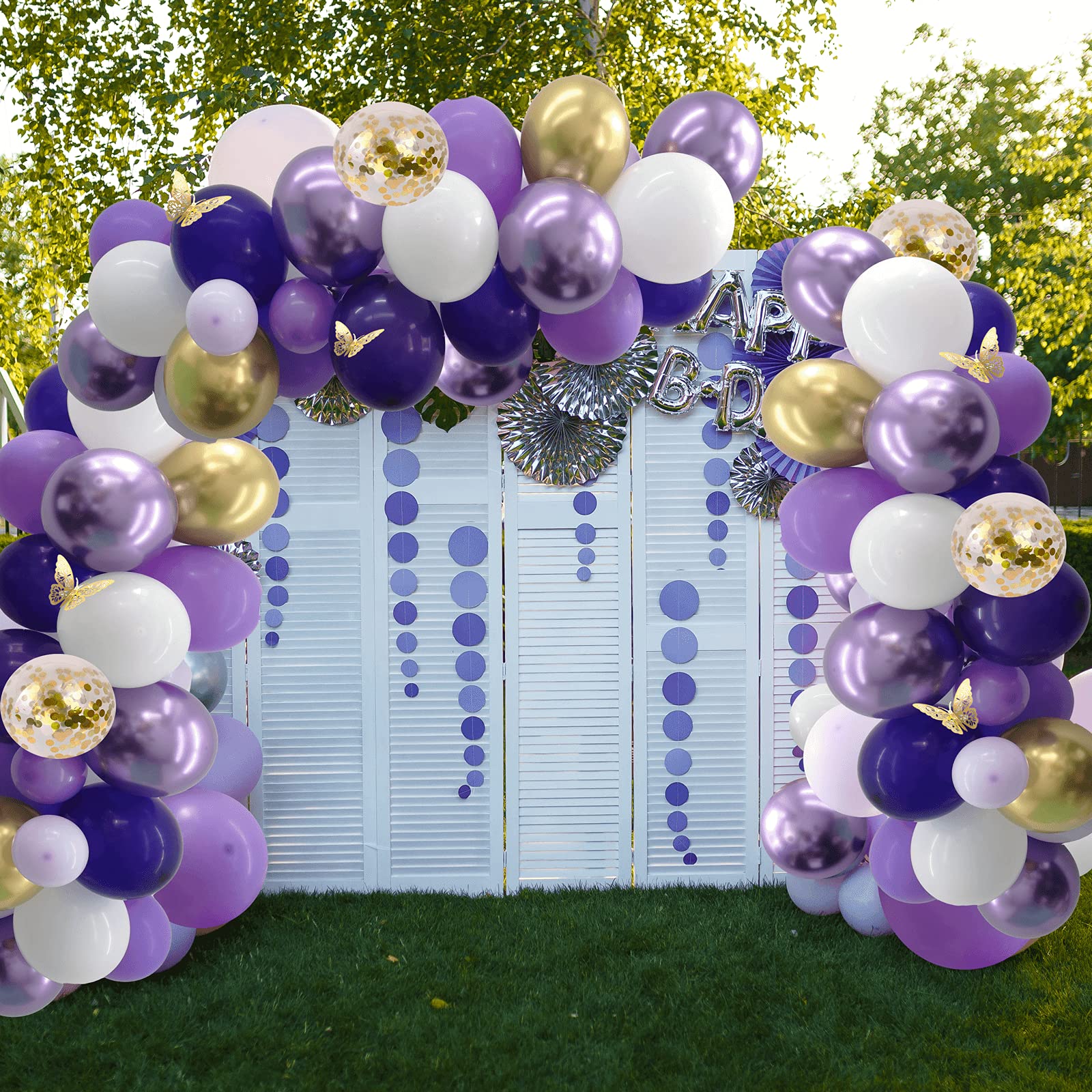 132 Pcs Purple Balloon Garland Kit, Purple Latex Balloons, Purple Balloon Arch Kit Purple And Gold With Gold Butterflies for Wedding Baby Shower Birthday Party Anniversary (Purple White)