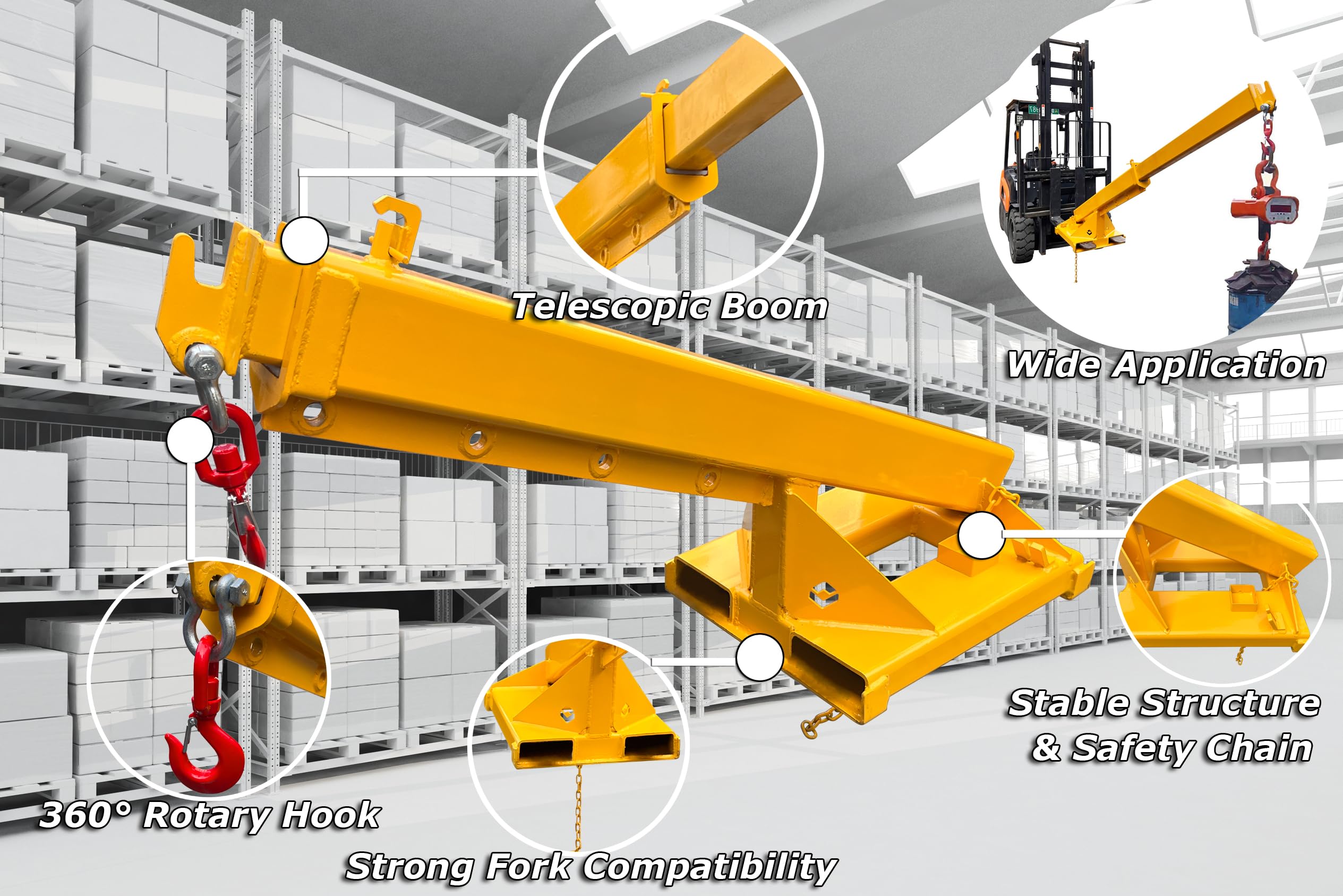 INTSUPERMAI Forklift Mobile Crane Adjustable Forklift Crane Attachment with Truss Hoist Jib Boom Hook for Extension Attachment Equipment 2 Ton / 4400 LB