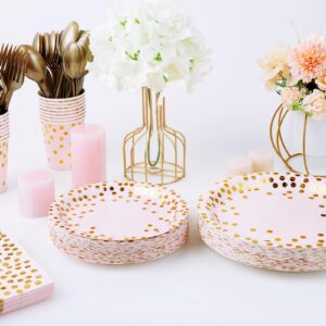 Pink and Gold Party Supplies - 350 PCS Disposable Dinnerware Set - Pink Paper Plates Napkins Cups, Gold Plastic Forks Knives Spoon for Graduation, Birthday, Cocktail Party