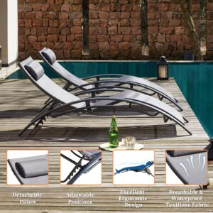 SUMETURE Outdoor Patio Lounge Chair Set of 2,Adjustable Chaise with Pillow,Lounge Chairs with 4 Adjustable Backrest Positions for Poolside,Garden,Balcony(Grey)