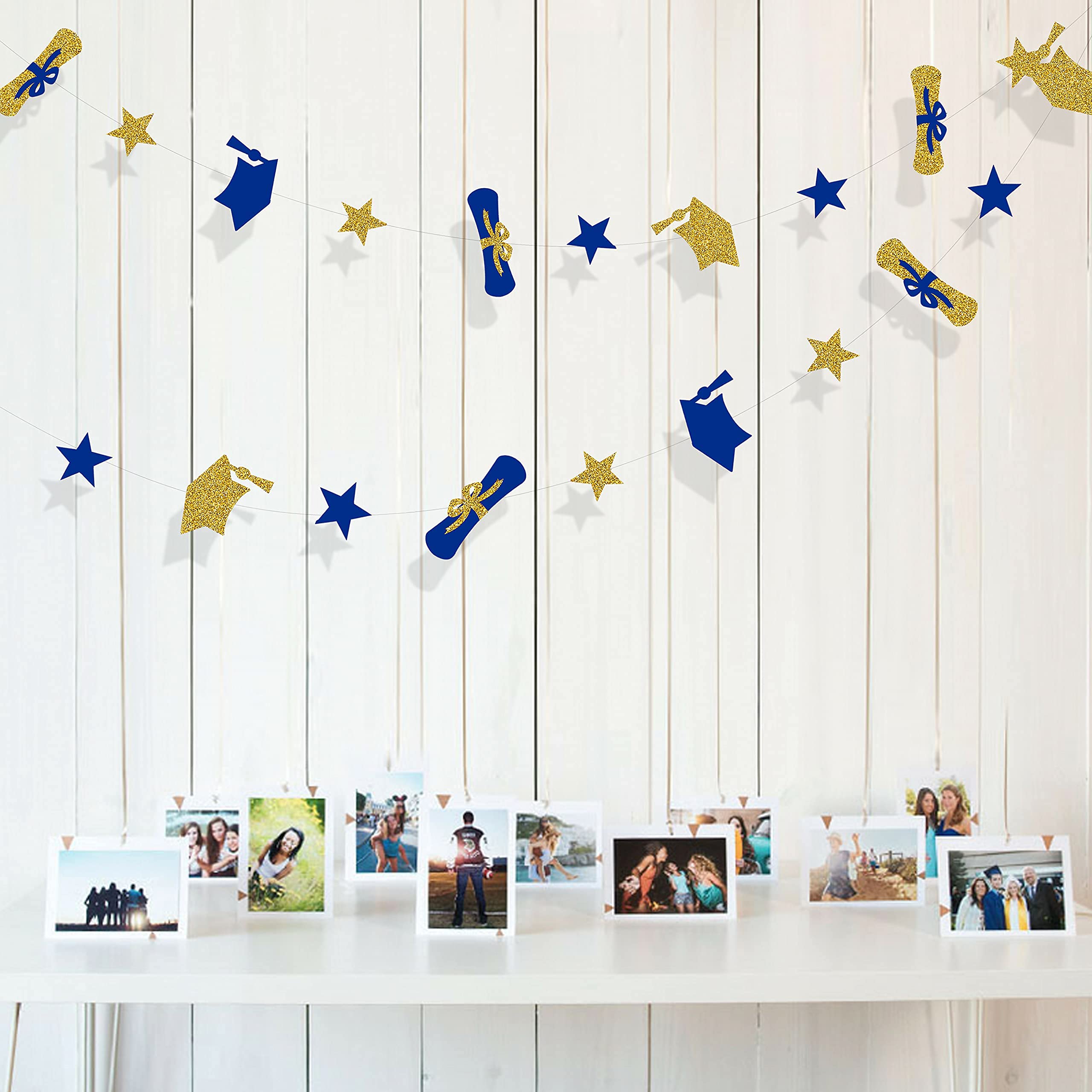 Navy Blue Gold Graduation Decorations 2023 Graduation Hat Diploma Star Garland Banner Bunting Streamer Backdrop for Graduation Party Supplies Classroom Middle High School Grad Home Decor