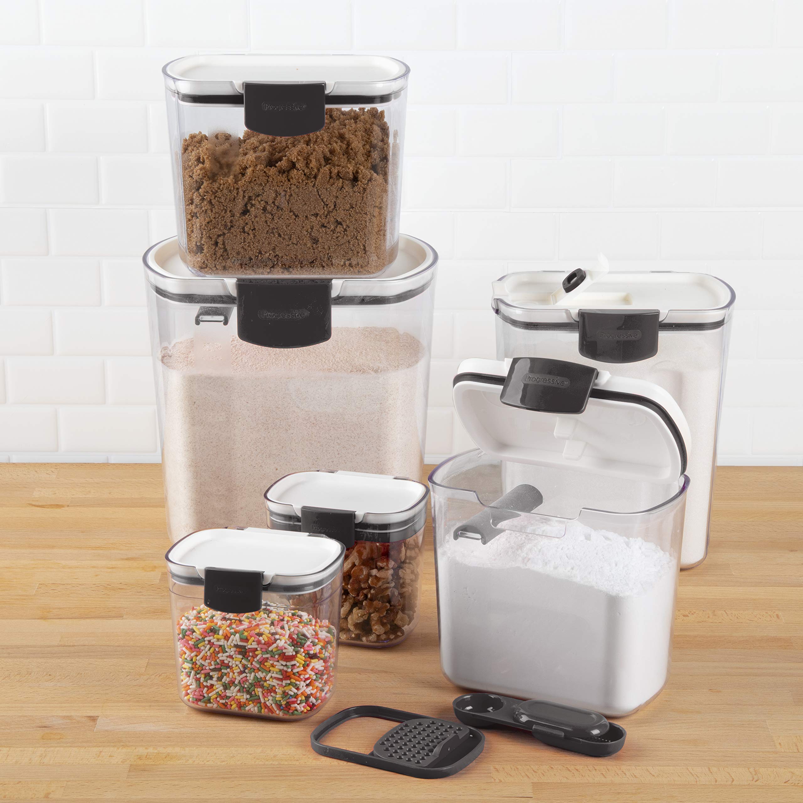 Progressive ProKeeper Baker's Airtight Kitchen Storage Canister Container Set for Flour, Sugar & More, Keeps Ingredients Fresh, with Accessories (Black Latches, 6- Piece)