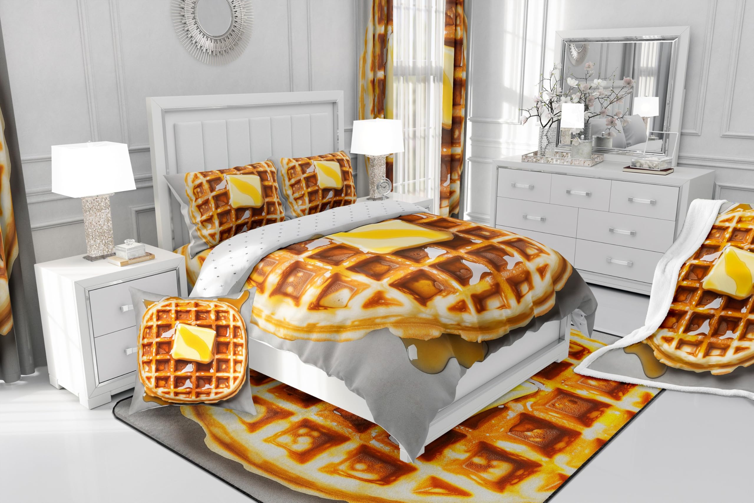 Erosebridal Waffles Comforter Cover Food Theme Bedding Set for Boys Girls Teens,Cream Dessert Duvet Cover Novelty Funny Biscuit Quilt Cover with Zipper Soft Cozy Bedroom Decor Queen Size