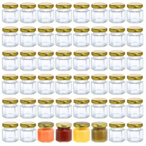 mcupper 48 pack 1.5oz hexagon glass jars with gold lids, mini honey jars, small spice jars, jam jars for gifts and wedding favors