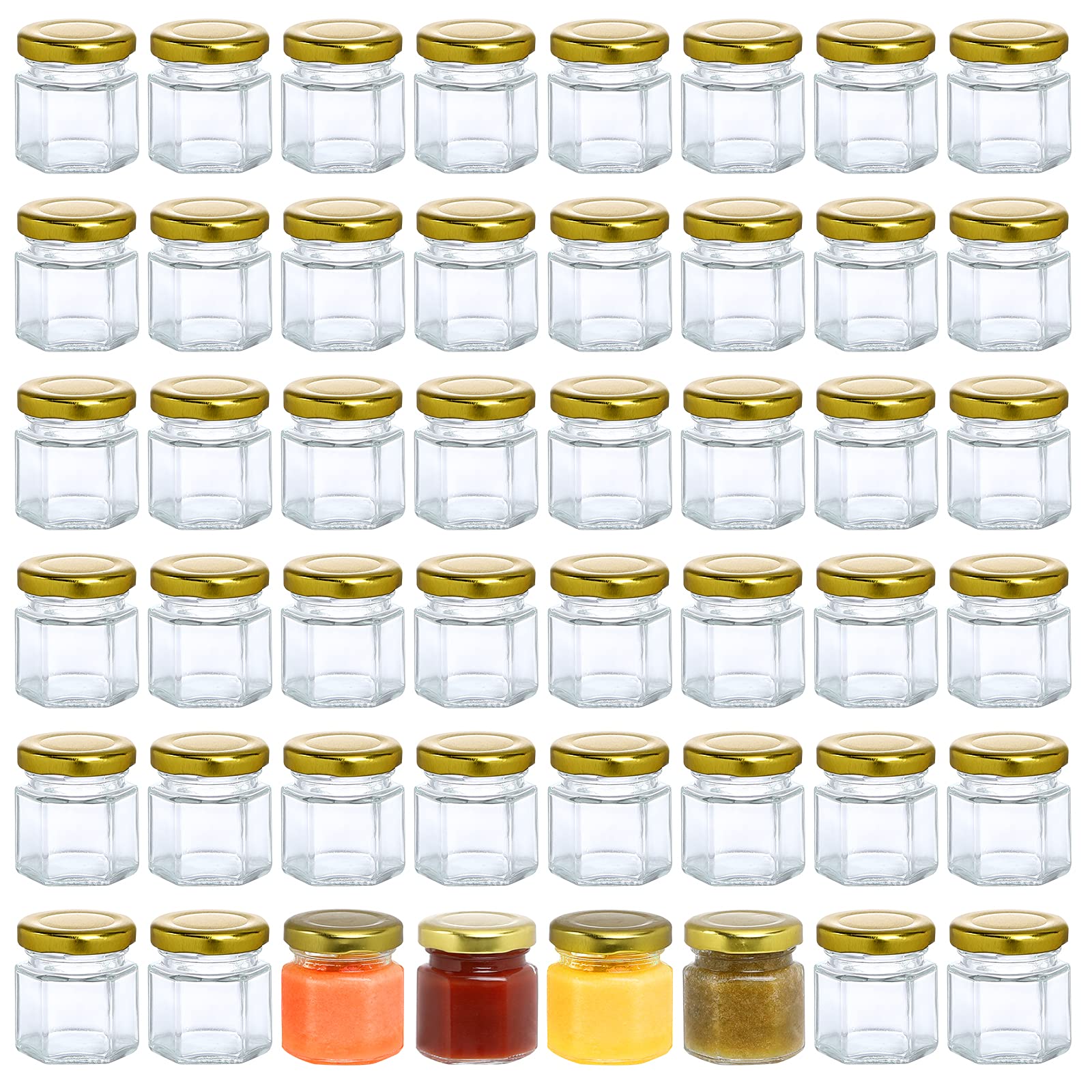 Mcupper 48 Pack 1.5oz Hexagon Glass Jars with Gold Lids, Mini Honey Jars, Small Spice Jars, Jam Jars for Gifts and Wedding Favors