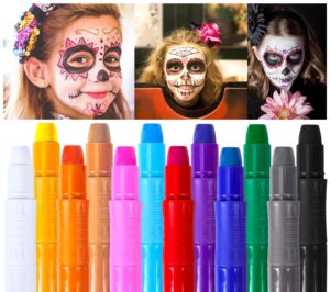 face paint kit for kids, 12 colors washable halloween cosplay makeup body paint sticks crayons for kids&adult clown face makeup, professional face painting kit for festivals birthday party