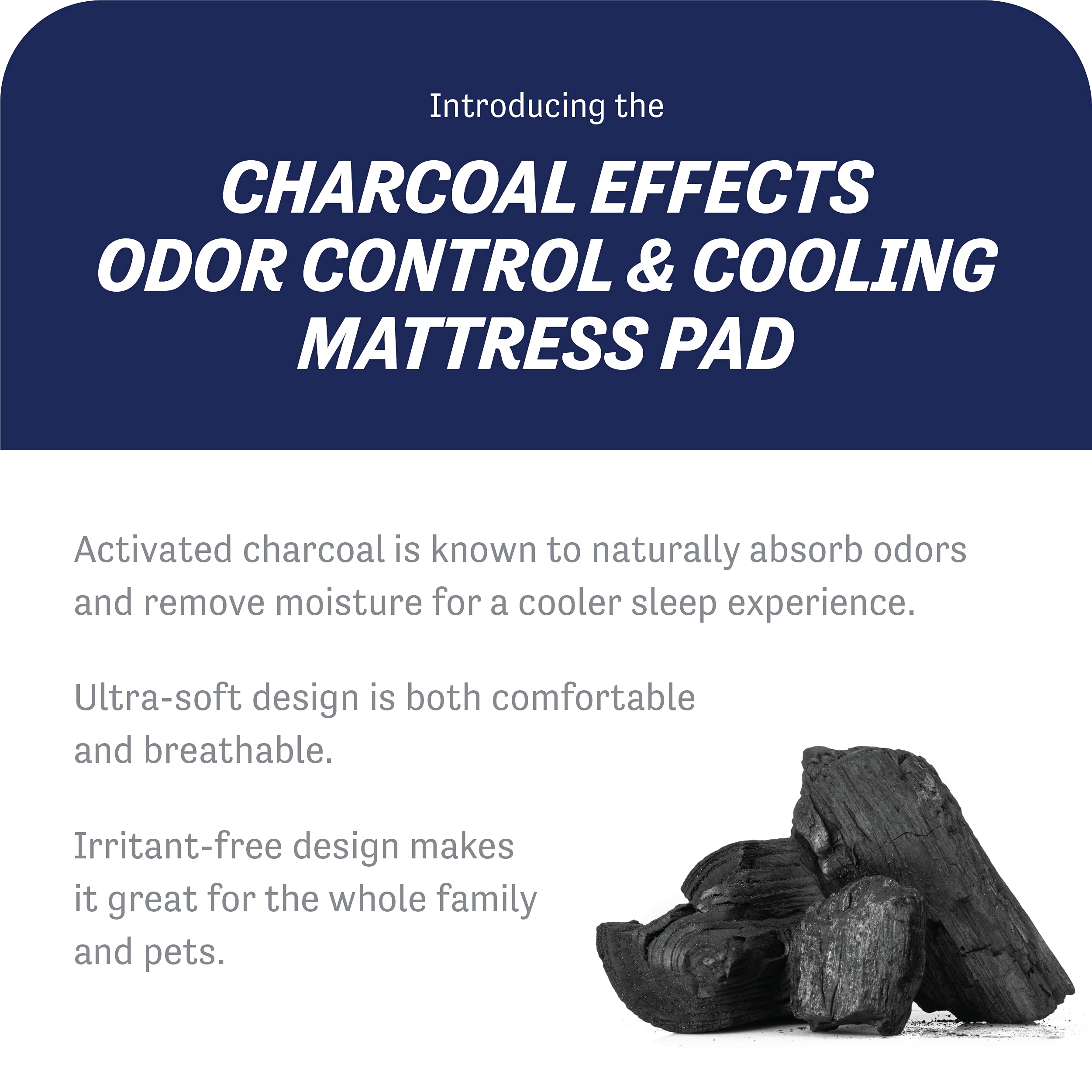 All-In-One Water-Resistant Charcoal Effects Odor Control and Cooling Fitted Mattress Pad, King, White