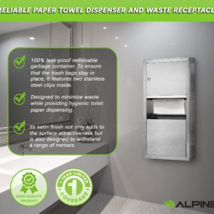 Alpine Commercial Paper Towel Dispenser and Waste Receptacle - Stainless Steel Toilet Paper Dispenser with Rounded Tray for 350 C-Fold or 475 Multifold Paper Towels (2-Gallon Capacity Trash Bin)