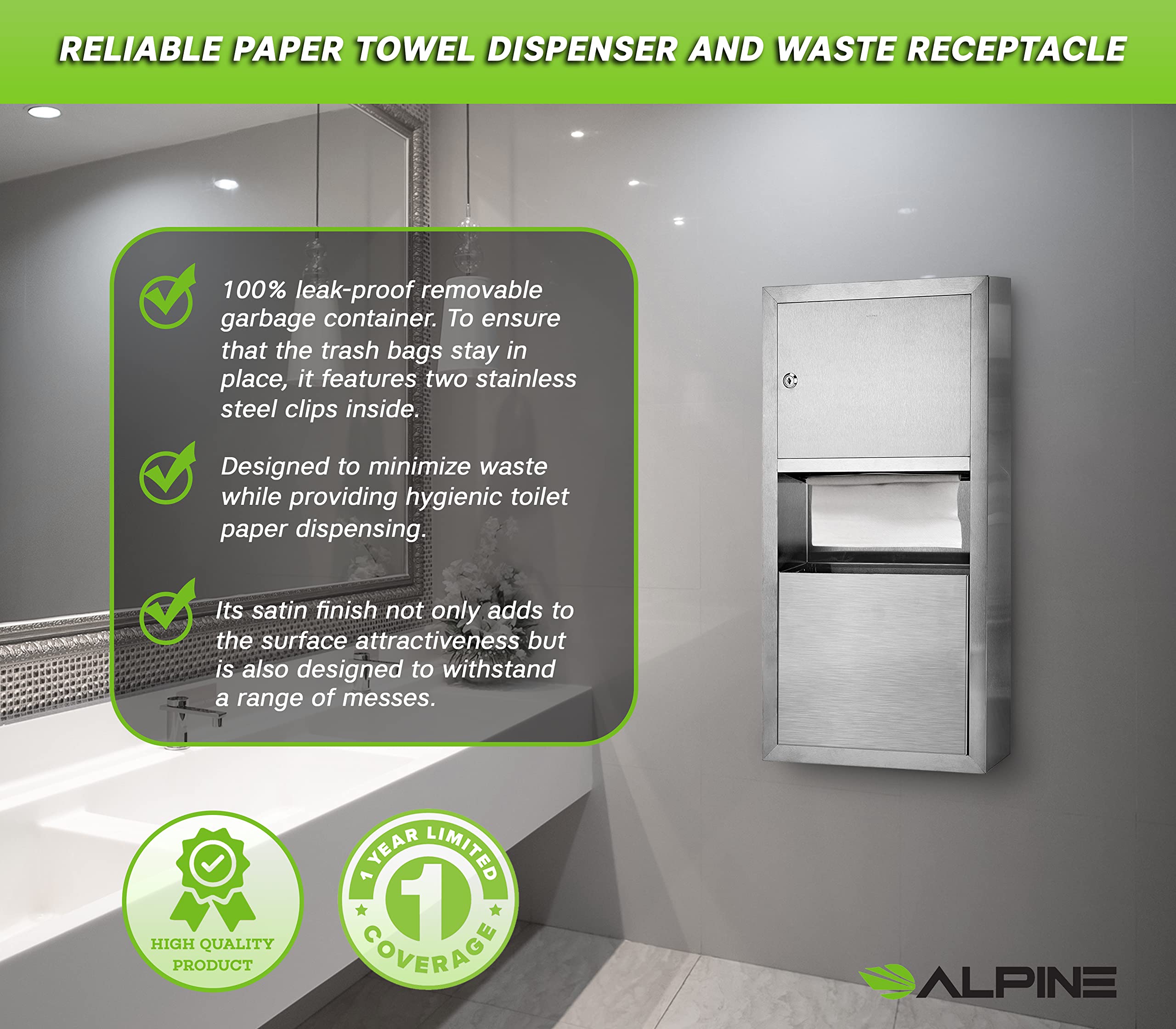 Alpine Commercial Paper Towel Dispenser and Waste Receptacle - Stainless Steel Toilet Paper Dispenser with Rounded Tray for 350 C-Fold or 475 Multifold Paper Towels (2-Gallon Capacity Trash Bin)