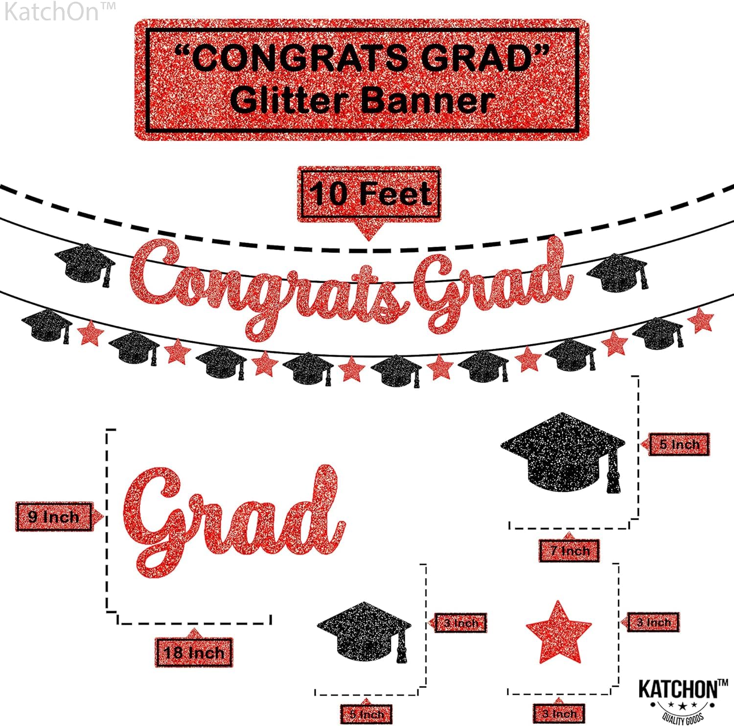 KatchOn, Glitter Congrats Grad Banner Red and Black - 10 Feet | Black and Red Graduation Banner, Grad Cap Garland for Graduation Decorations Class of 2024 | Red and Black Graduation Decorations 2024