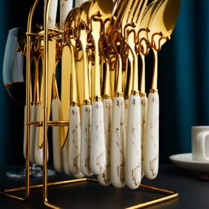 24-Piece Gilded Stainless Steel Flatware Set,Kitchen Utensil Tableware Cutlery Set Service for 6, Steak Cutlery Set for Home and Restaurant (White)…