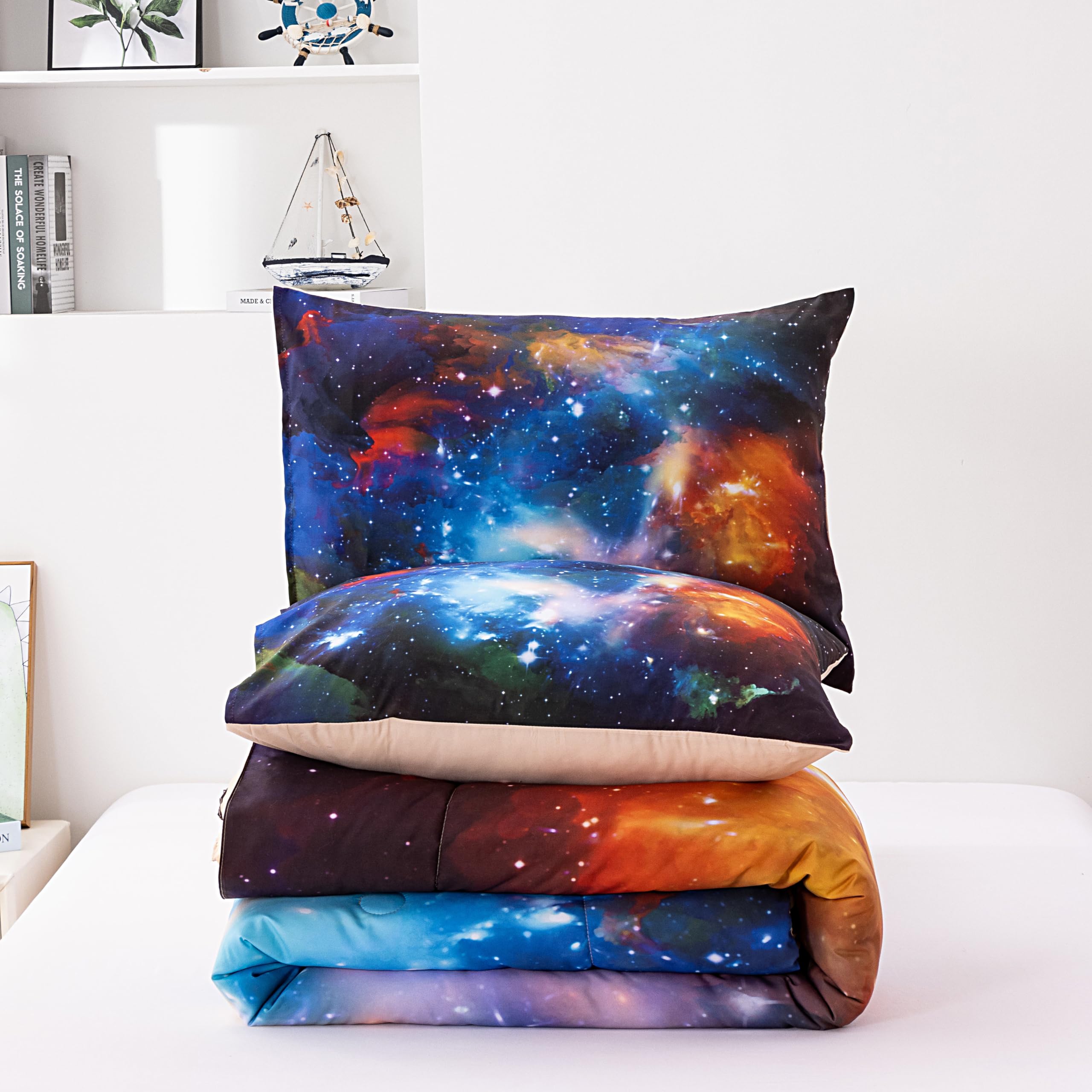 Btargot 3 Pieces 3D Galaxy Printed Comforter Set, Universe Nebula Outer Space Bedding Set Twin Size for Children Boy Girl Teen Kids