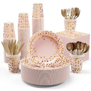 pink and gold party supplies - 350 pcs disposable dinnerware set - pink paper plates napkins cups, gold plastic forks knives spoon for graduation, birthday, cocktail party