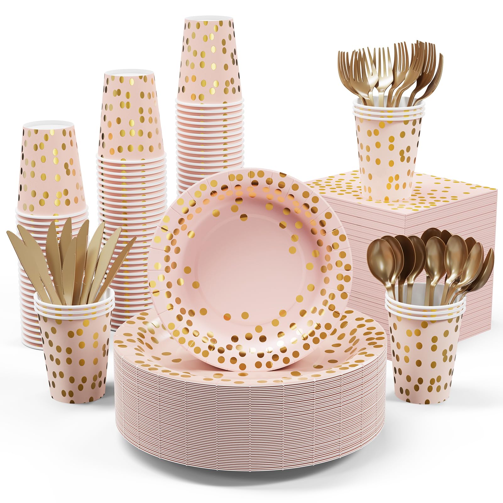 Pink and Gold Party Supplies - 350 PCS Disposable Dinnerware Set - Pink Paper Plates Napkins Cups, Gold Plastic Forks Knives Spoon for Graduation, Birthday, Cocktail Party