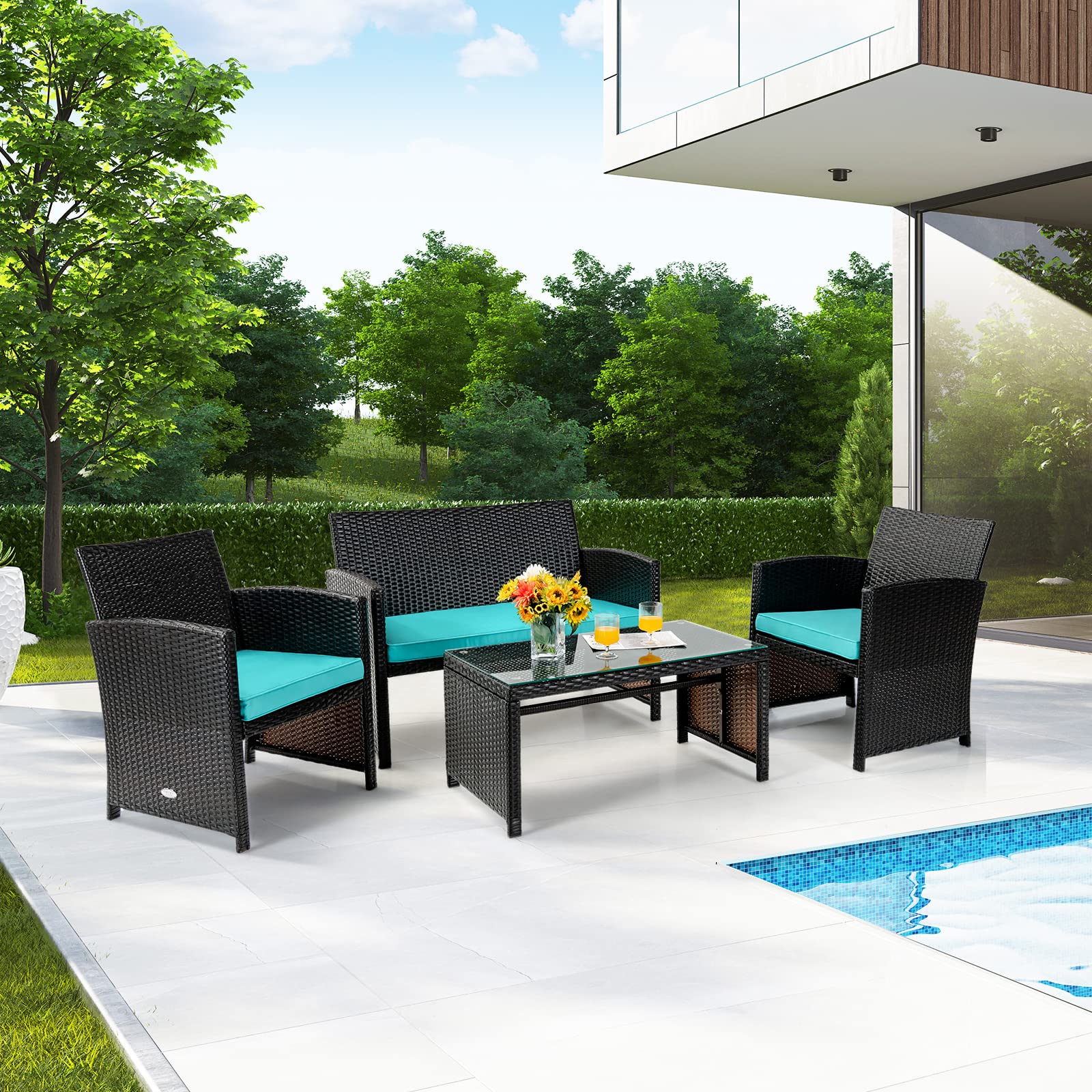 Tangkula 4 Pieces Rattan Furniture Set, Outdoor Conversation Set w/Chair & Loveseat & Tempered Glass Coffee Table, Suitable for Garden, Backyard, Poolside, Patio Furniture Set for 4 (1, Turquoise)