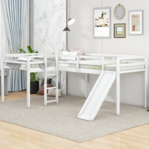 harper & bright designs l-shape loft beds with slide, twin loft bed frame corner bunk bed for 2 kids, wood white loft bed for girls boys teens