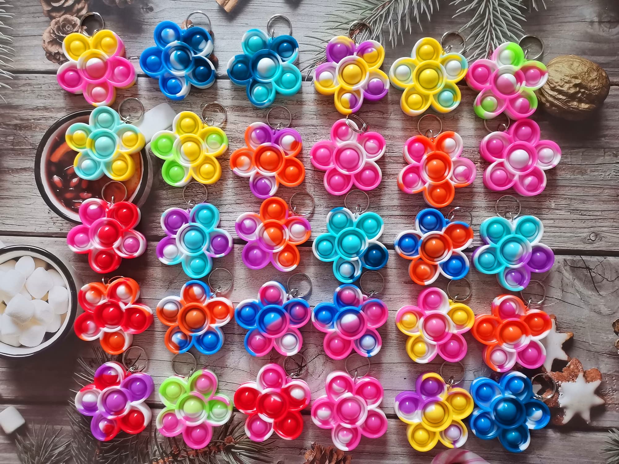 30 Packs Rainbow Flower Mini Pop Bubble Fidget Sensory Toys, Silicone Stress Relief Party Favors and Classroom Prize Gifts