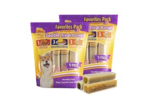 ultra chewy favorites double treat bones, made in the usa, healthy treats, easy to digest, promotes dental health (assorted flavors, 2 packs/9 bones per pack)