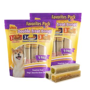 Ultra Chewy Favorites Double Treat Bones, Made in The USA, Healthy Treats, Easy to Digest, Promotes Dental Health (Assorted Flavors, 2 Packs/9 Bones Per Pack)