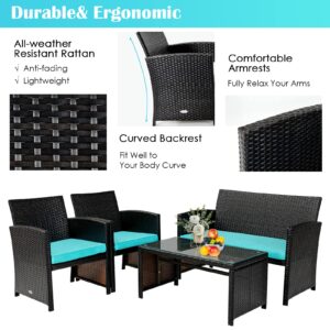 Tangkula 4 Pieces Rattan Furniture Set, Outdoor Conversation Set w/Chair & Loveseat & Tempered Glass Coffee Table, Suitable for Garden, Backyard, Poolside, Patio Furniture Set for 4 (1, Turquoise)