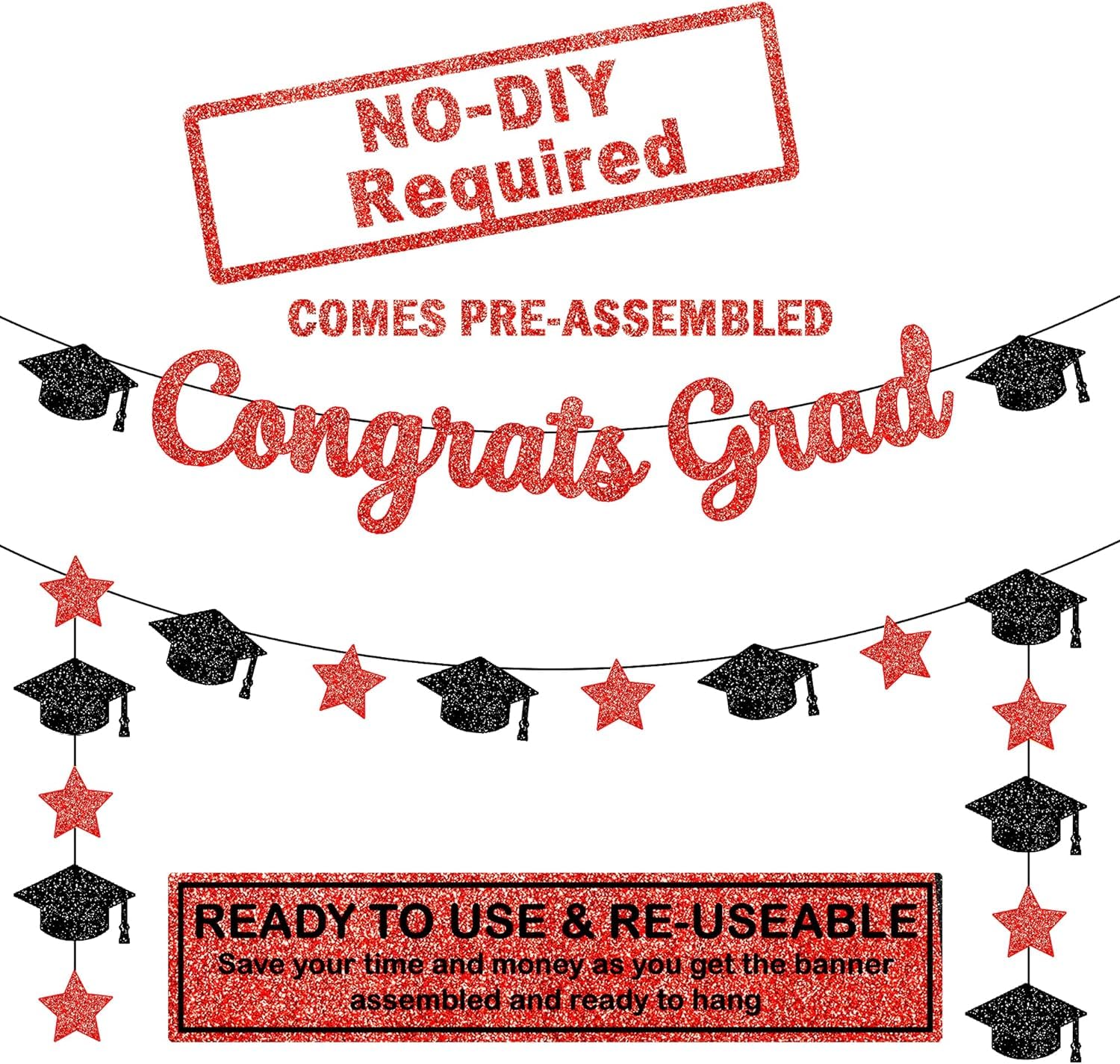 KatchOn, Glitter Congrats Grad Banner Red and Black - 10 Feet | Black and Red Graduation Banner, Grad Cap Garland for Graduation Decorations Class of 2024 | Red and Black Graduation Decorations 2024