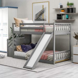 twin over twin bunk bed with slide and storage staircase, twin size bunk bed for kids, teens, no box spring needed (gray, twin over twin)