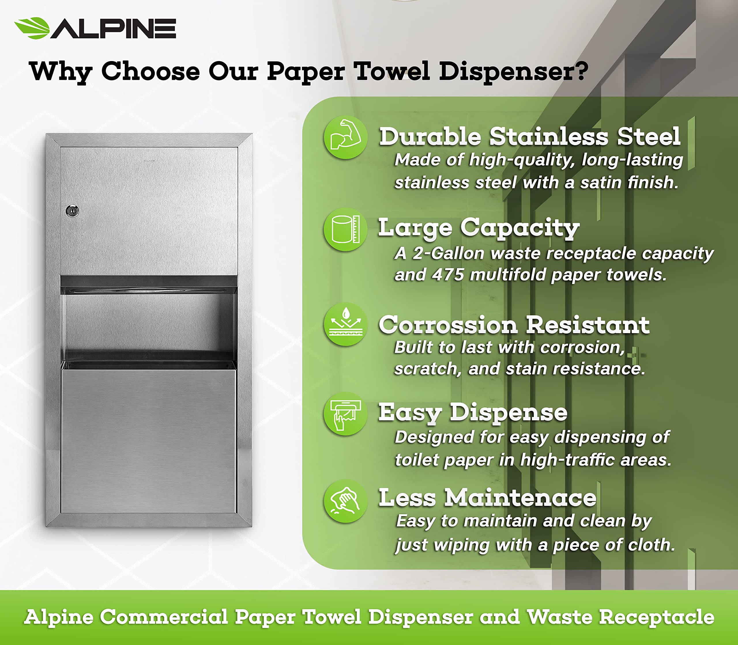 Alpine Commercial Paper Towel Dispenser and Waste Receptacle - Stainless Steel Toilet Paper Dispenser with Rounded Tray for 350 C-Fold or 475 Multifold Paper Towels (2-Gallon Capacity Trash Bin)